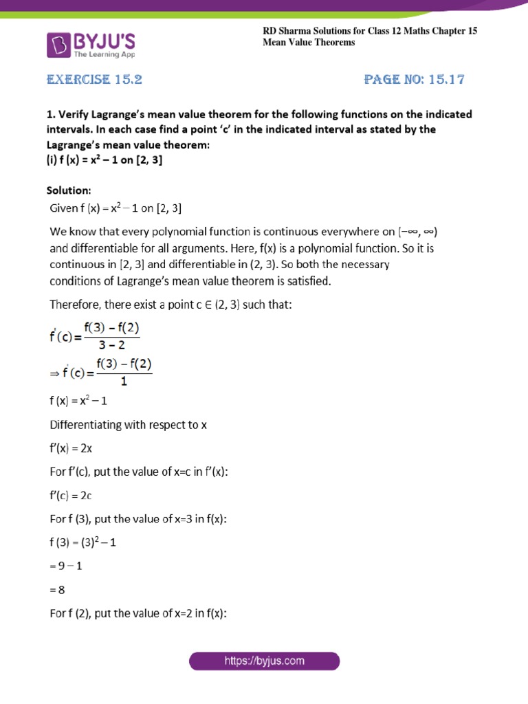 Exercise 15.2 Page No: 15.17: RD Sharma Solutions For Class 12 Maths Chapter 15 Mean Value ...
