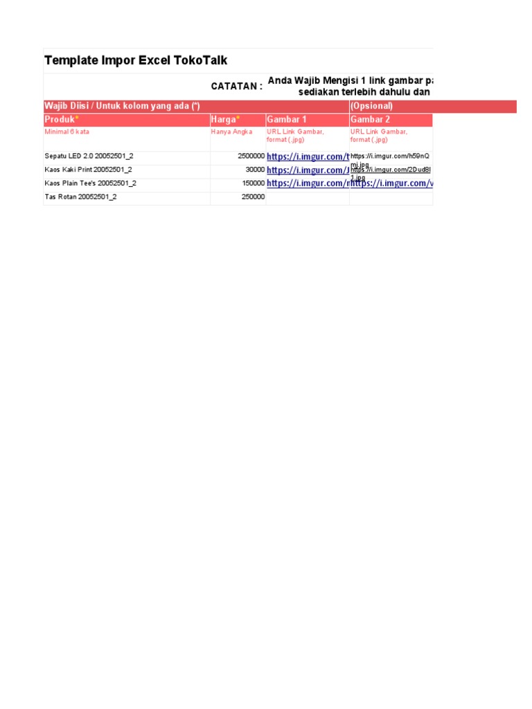 TokoTalk Product Template Import | PDF