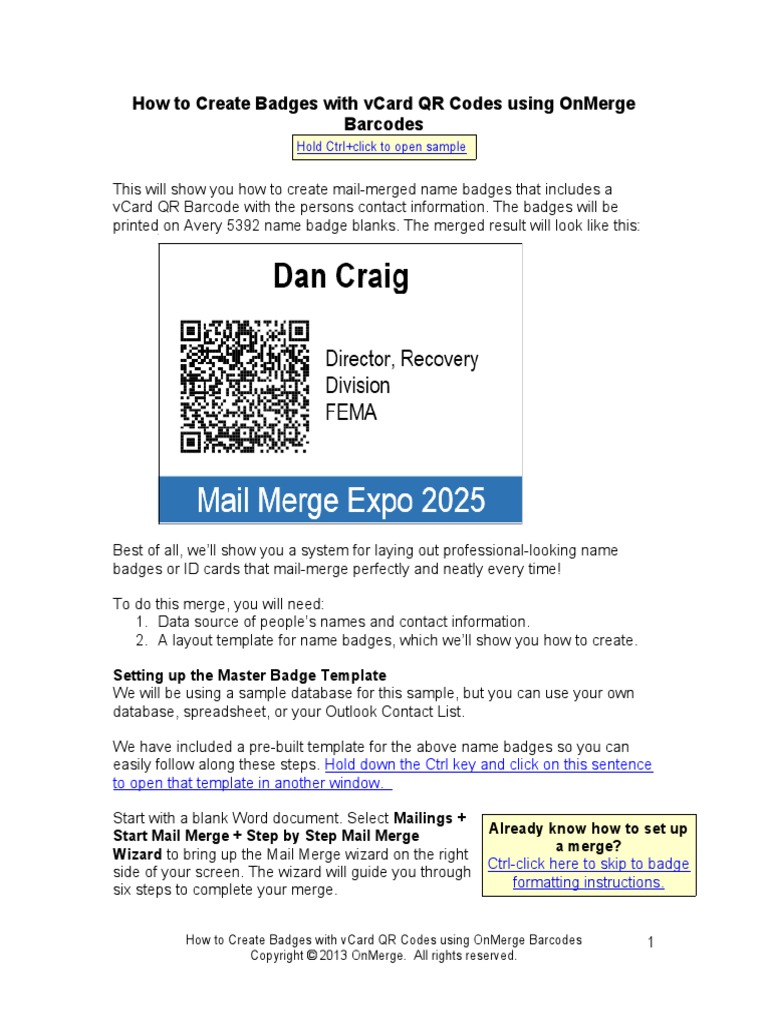 How To Create Badges With A Vcard QR Code Using OnMerge Barcodes | PDF ...