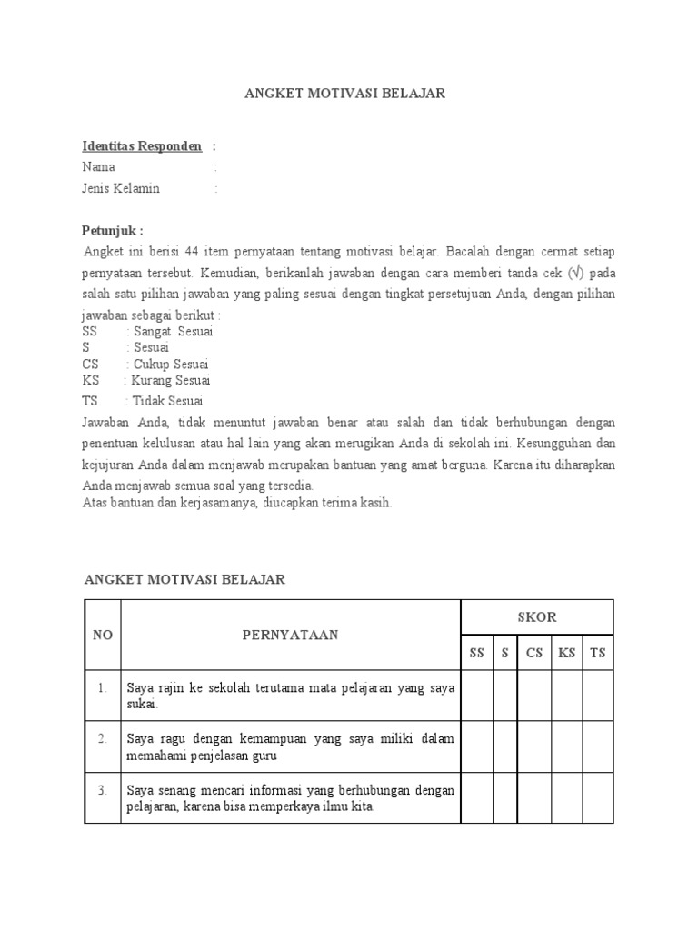 Angket Motivasi Belajar | PDF