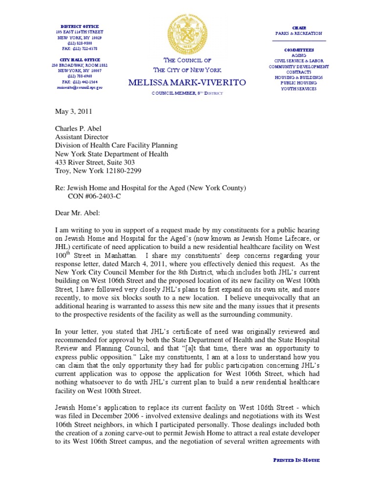 Letter To Nysdoh Re JHL | Download Free PDF | New York City | Government