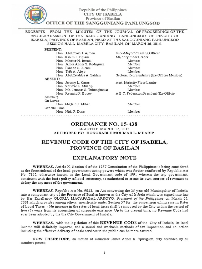 Revenue Code - Isabela City - Ordinance 15-438 | PDF | Taxes | Property Tax