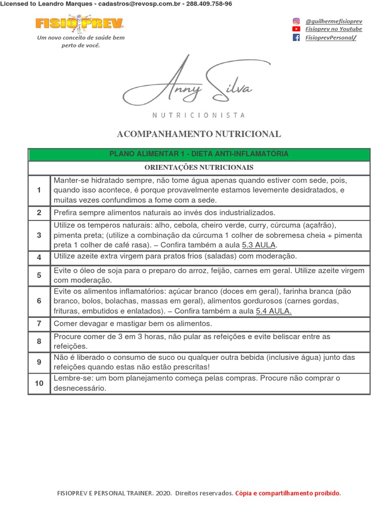 Plano Alimentar 1 - Dieta Anti-Inflamat Rio | PDF | Alimentos | Chá