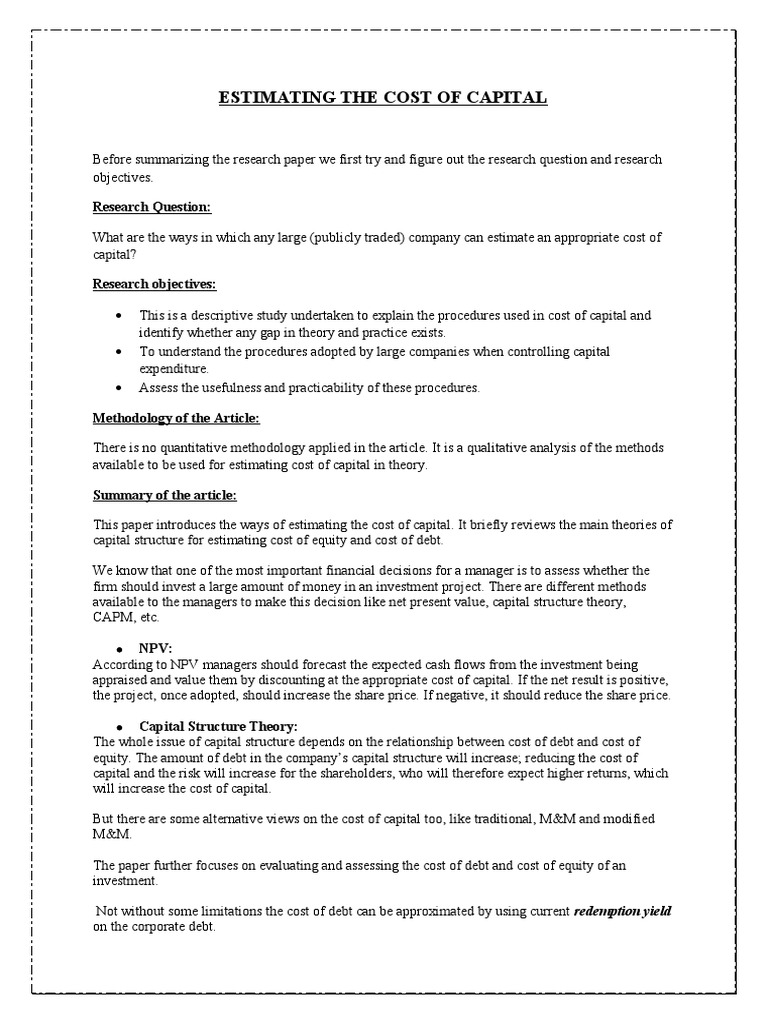 Estimating Cost of Capital Methods | PDF | Cost Of Capital | Net ...