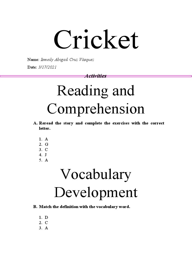 Cricket Vocabulary and Comprehension Activities | PDF