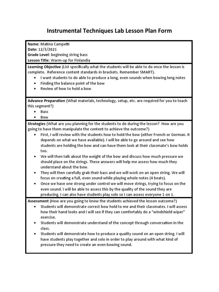 Instrumental Techniques Lab Lesson Plan Form | PDF | Career & Growth ...