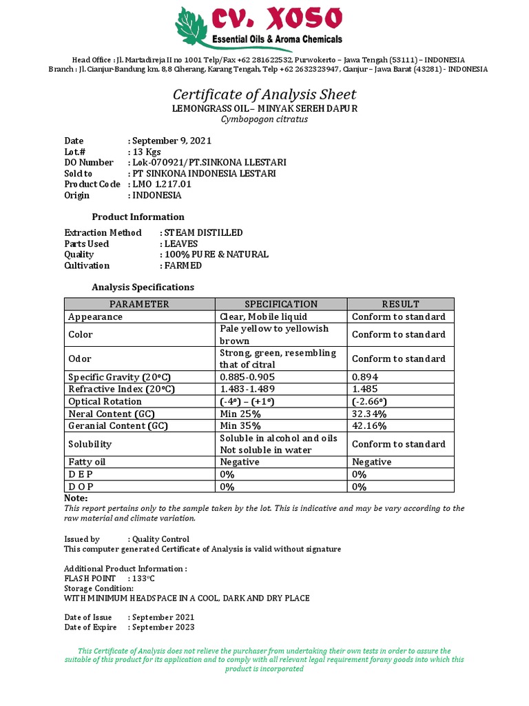 Certificate of Analysis Sheet: Product Information | PDF | Chemistry