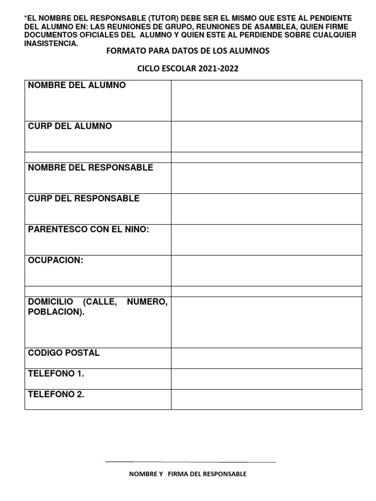Formato para registrar los datos personales de los alumnos y su tutor ...