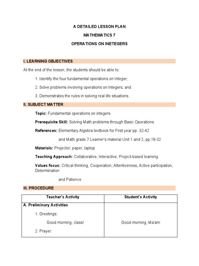Detailed Lesson Plan On Operations On Integers | PDF | Lesson Plan ...