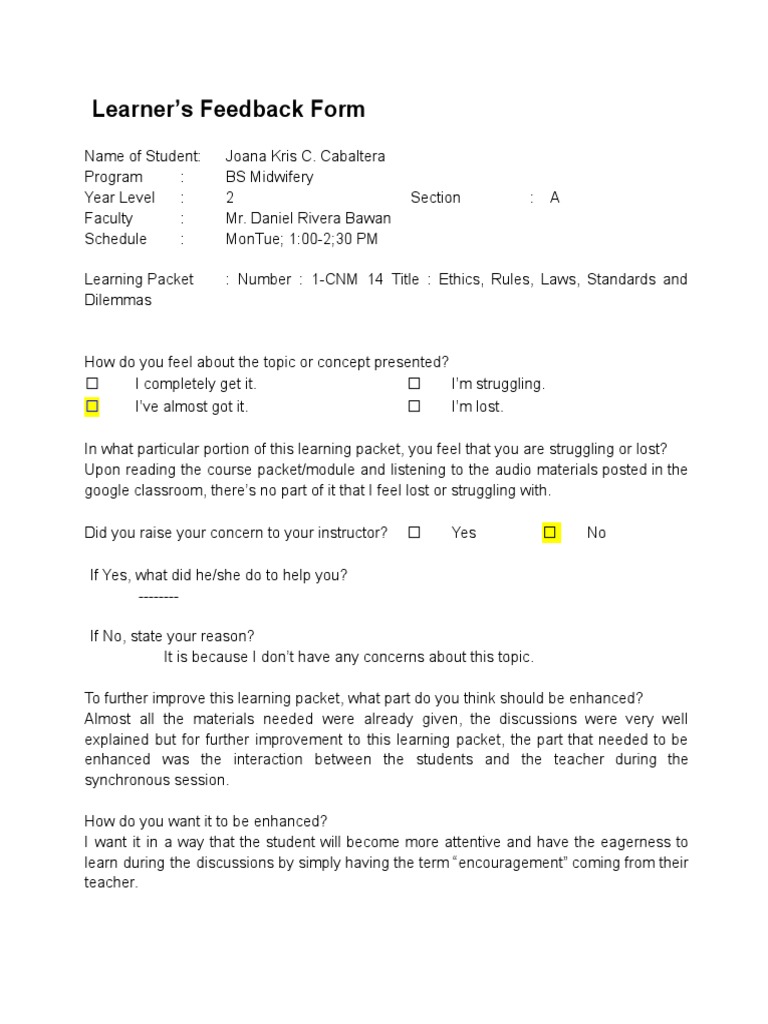 Learner's Feedback Form CP 1 | PDF