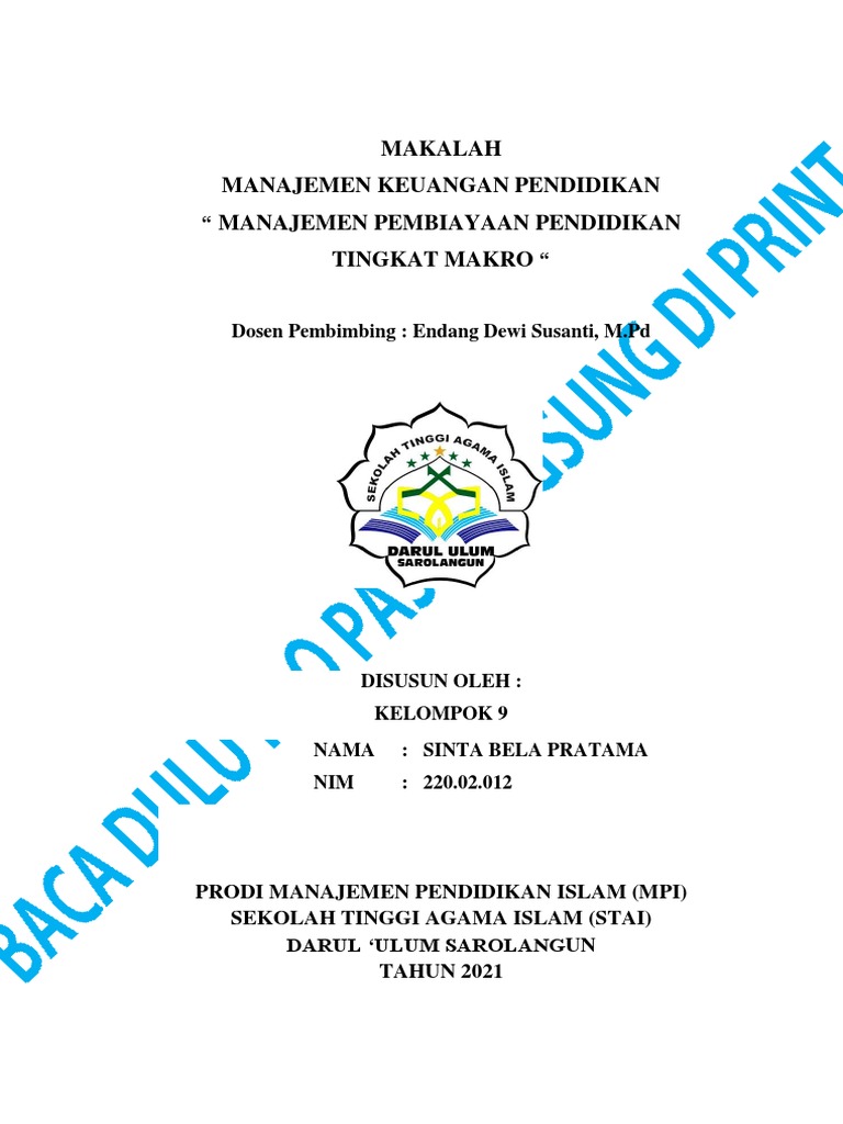 Makalah Manajemen Pembiayaan Pendidikan Tingkat Makro Sinta Bela | PDF