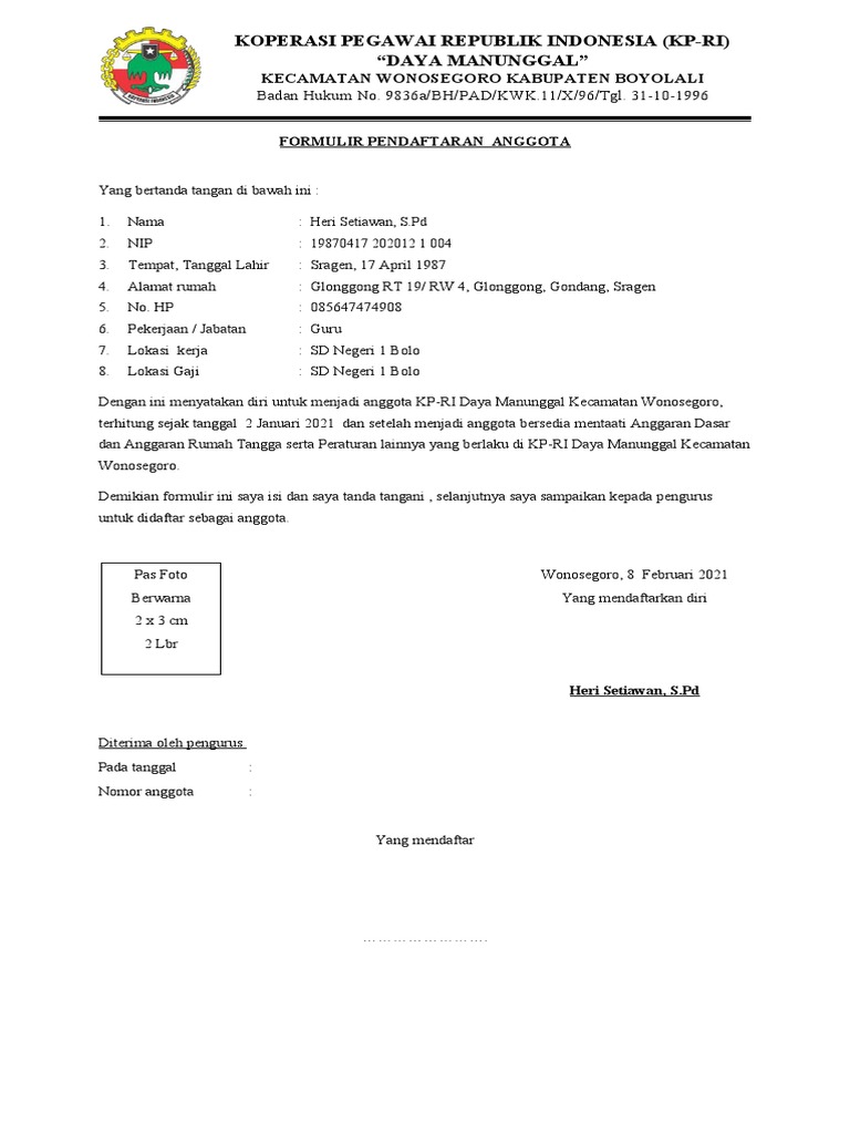 Blangko Anggota Koperasi Baru Dan PGRI | PDF