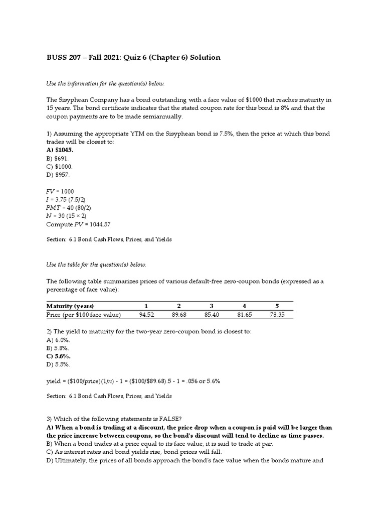 Bond Pricing and Yield Analysis Quiz | PDF | Bonds (Finance) | Yield ...