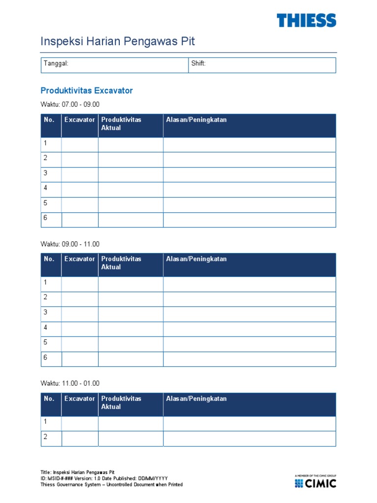 Pit Supervisor Daily Inspection Form - R1 | PDF | Bisnis | Teknologi & Rekayasa
