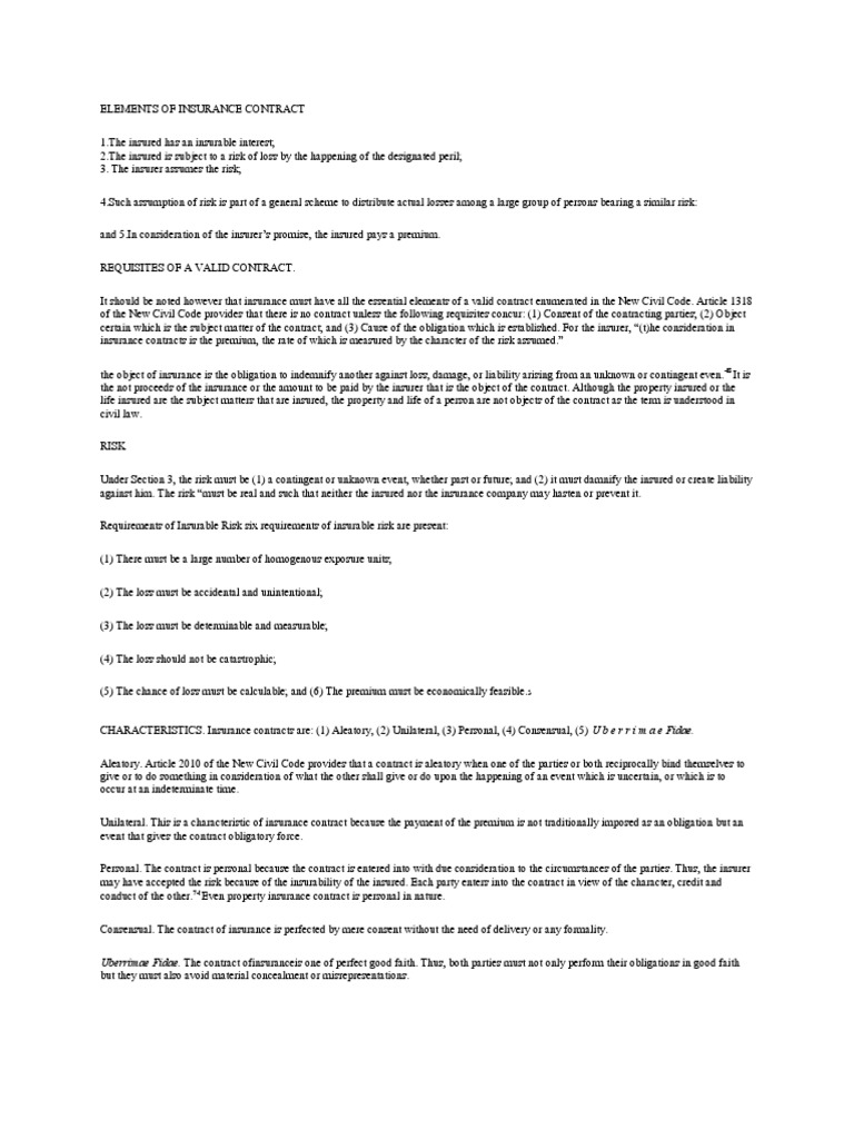 Essential Elements of Insurance Contracts | PDF | Insurance | Liability ...