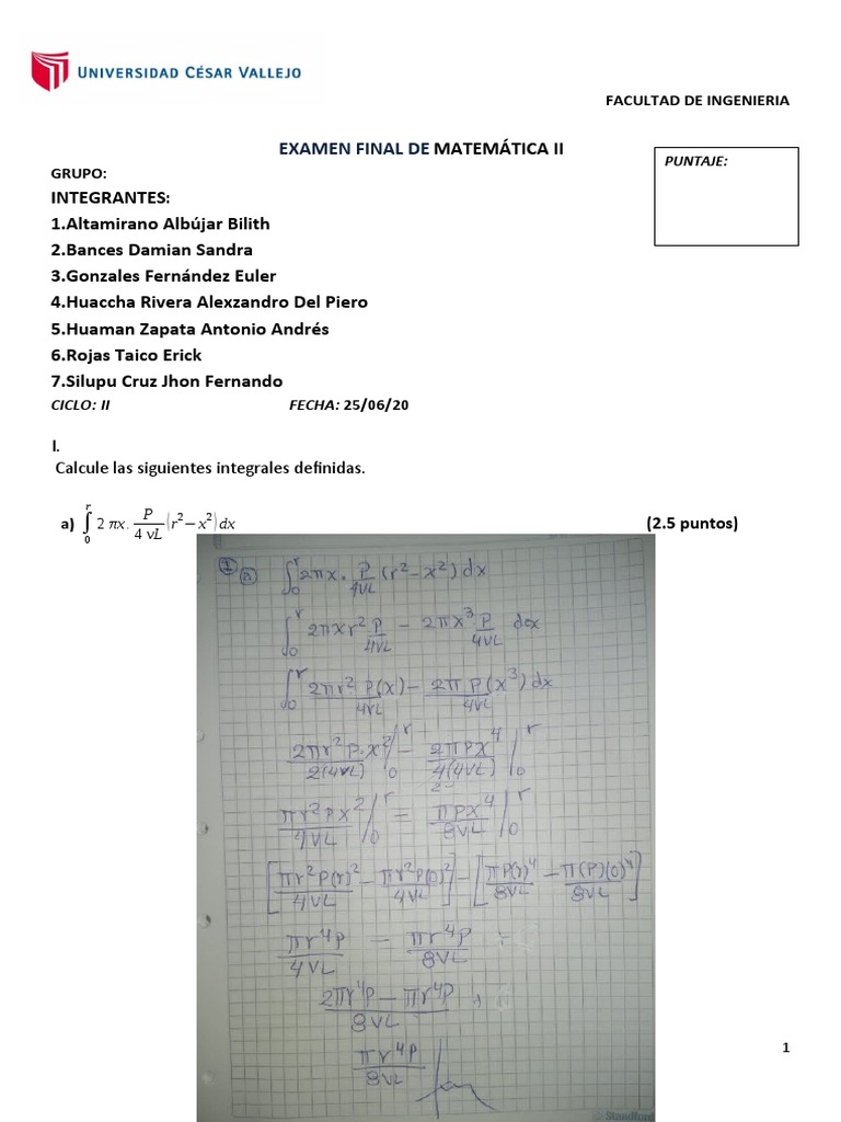 Examen Final de Mate II | PDF | Integral | Geometría