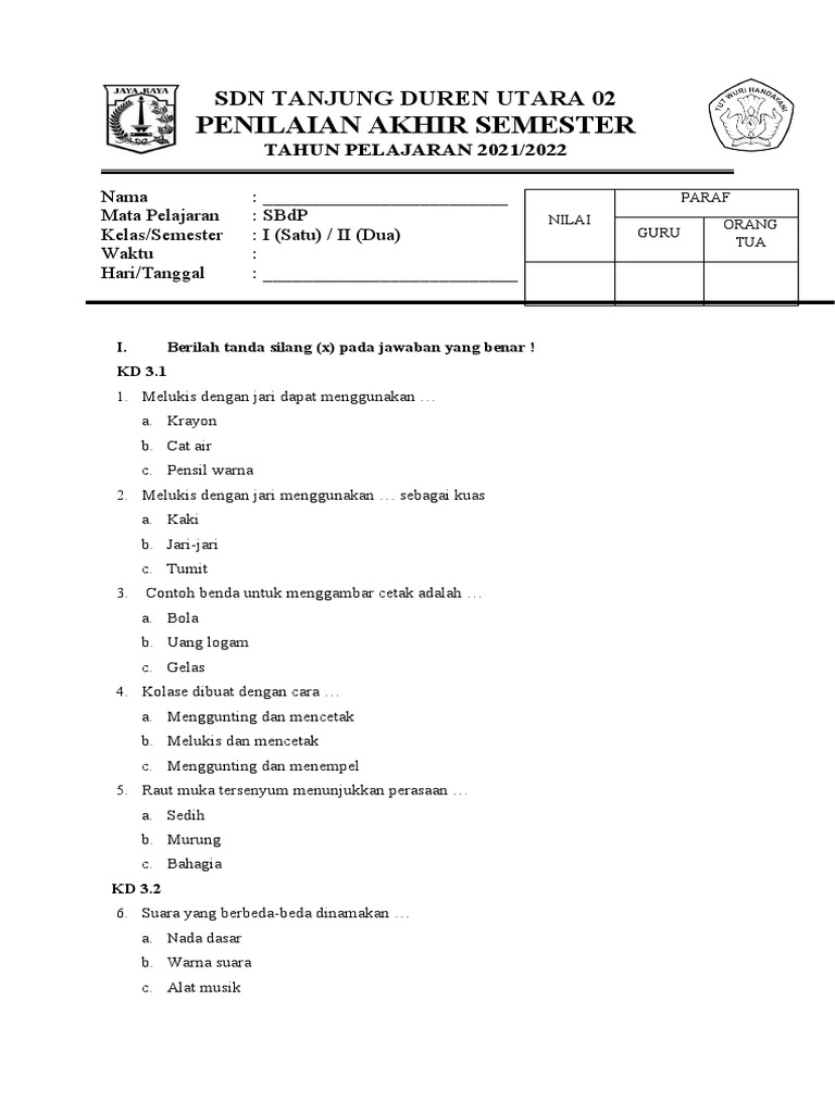 Soal Pas SBDP KLS 1 | PDF