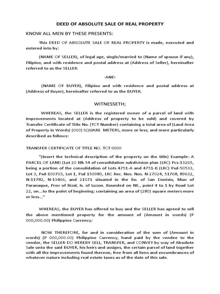 Deed of Absolute Sale Template | PDF | Sales | Taxes