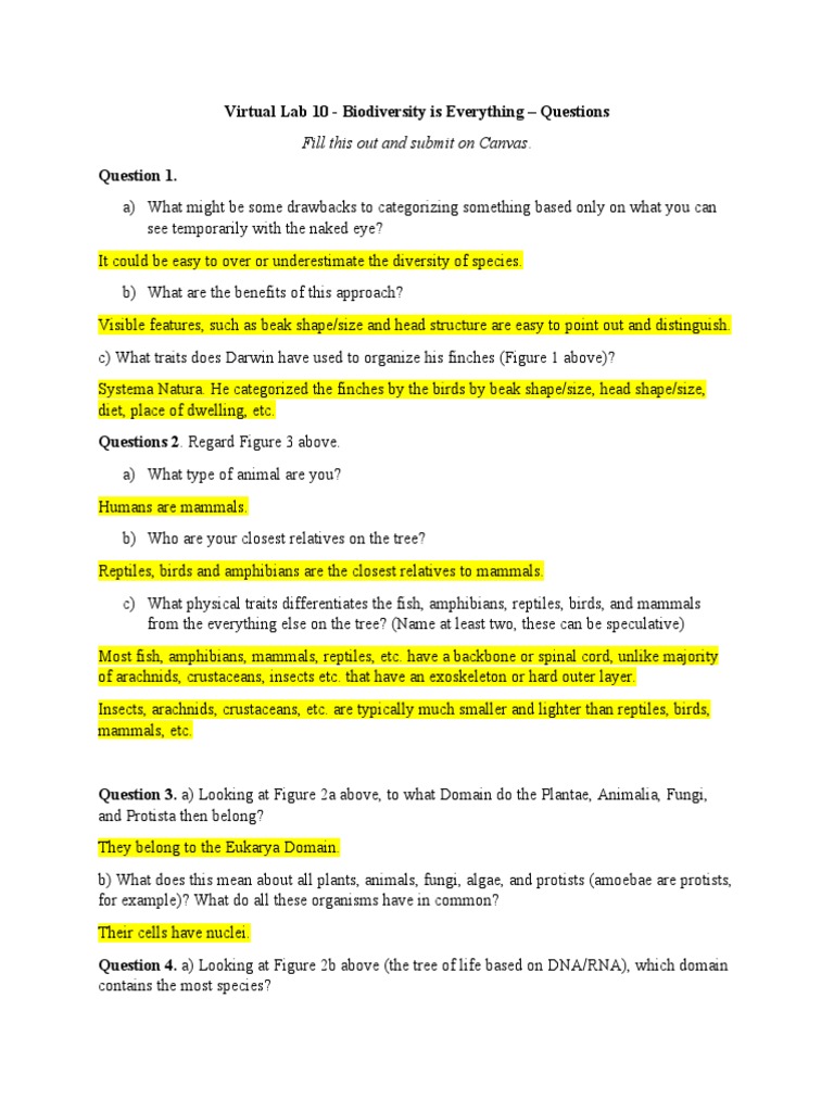 Lab 10 Biodiversity Questions - Ashlyn Fournier | PDF | Biology | Organisms