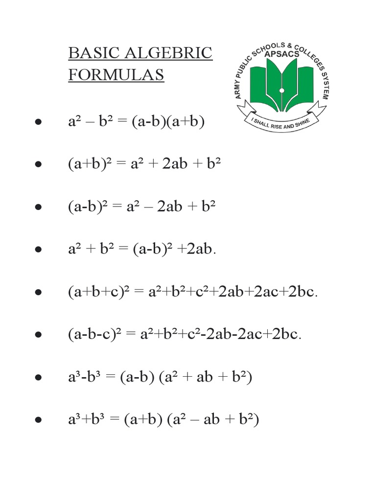 BASIC ALGEBRIC FORMULAS For Print | PDF | Teaching Methods & Materials | Computers