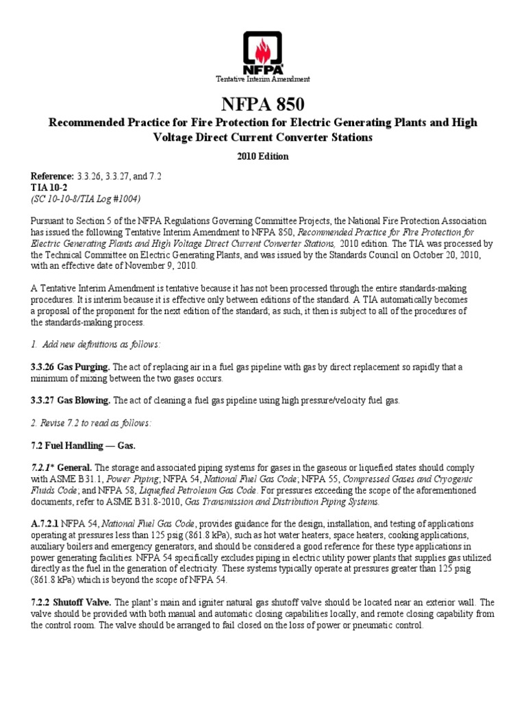Nfpa 850 Recommended Practice For Fire Protection For Electric Generating Plants and High | PDF ...
