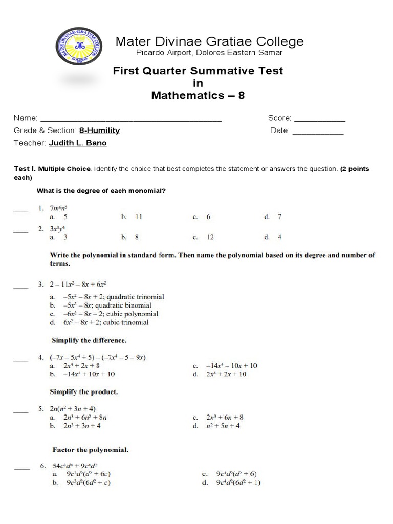 Summative Math 8 (Quarter 1) | PDF | Teaching Methods & Materials