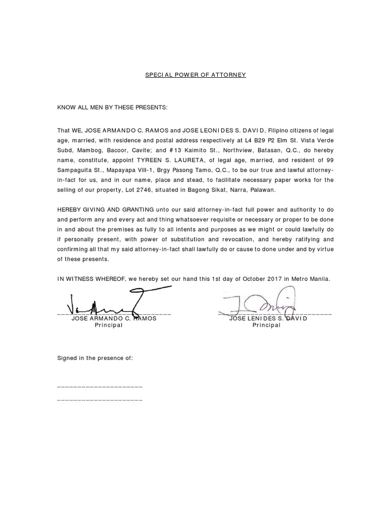 Special Power of Attorney Sample | PDF