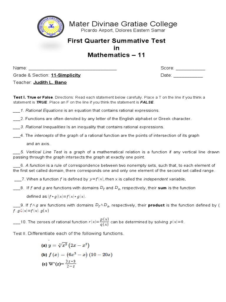 Math Summative Test for Grade 11 | PDF