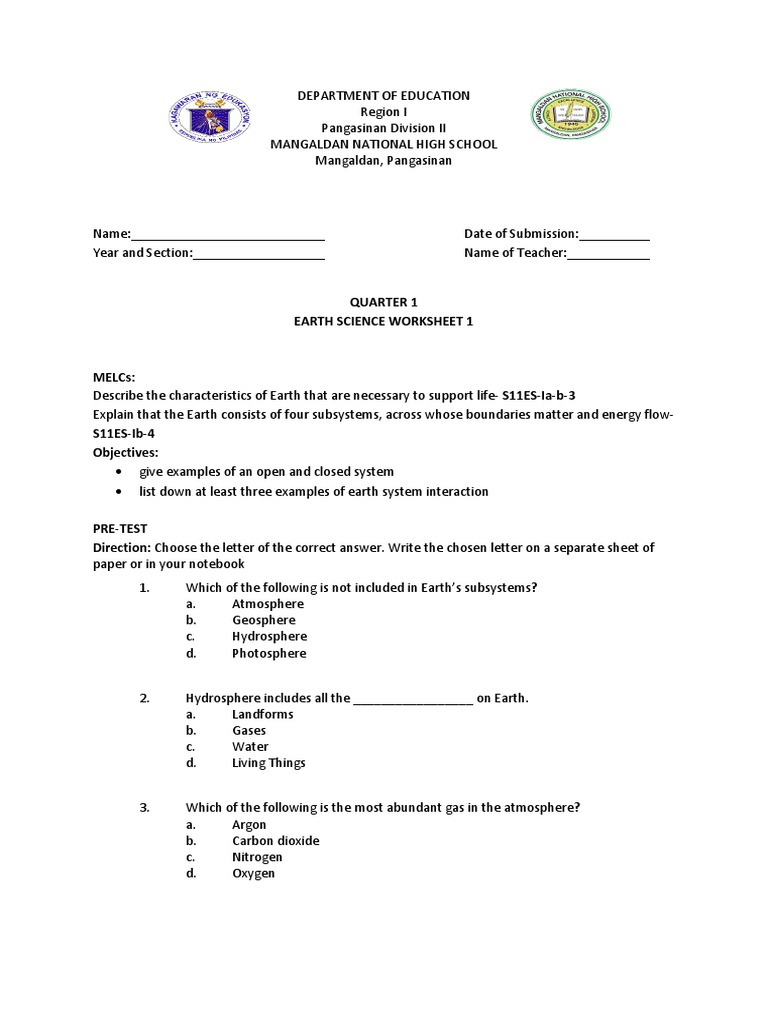 q1 w1 Earth Science | PDF | Earth | Atmosphere Of Earth