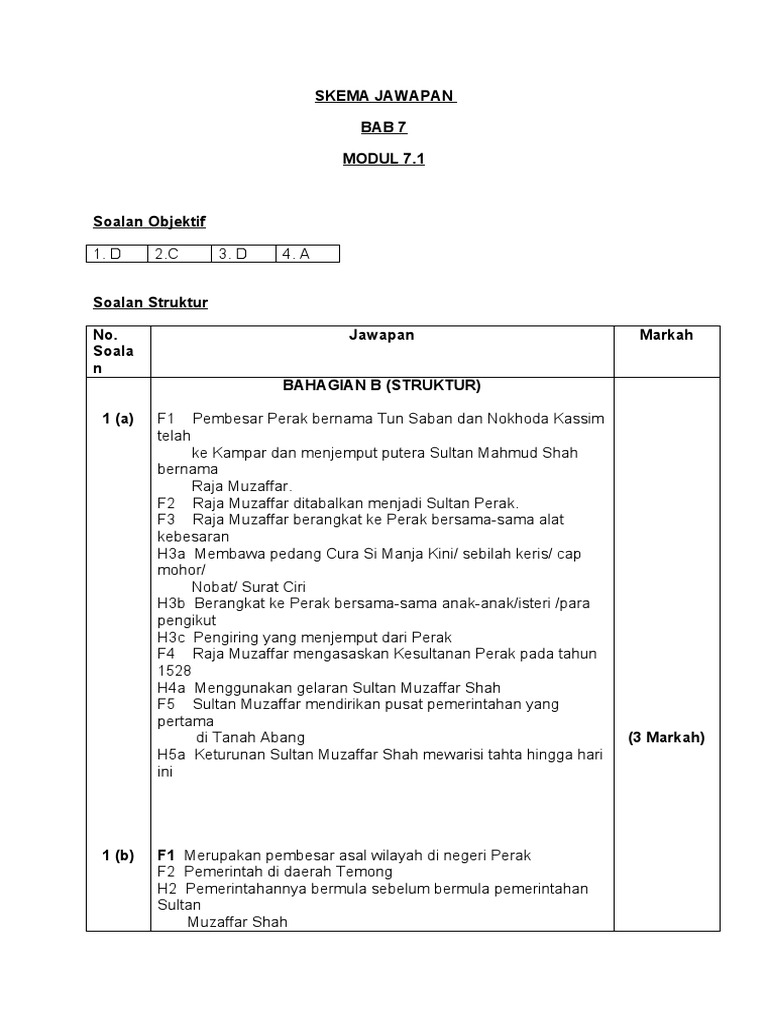SKEMA JAWAPAN MODUL PDPR BAB 7 SEJ TING 2 | PDF
