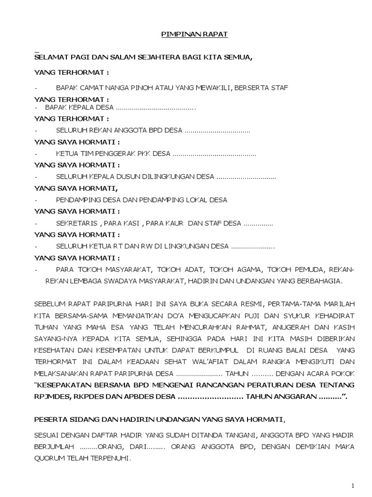 NARASI PIMPINAN RAPAT PARIPURNA PENETAPAN APBDes OLEH KETUA BPD | PDF