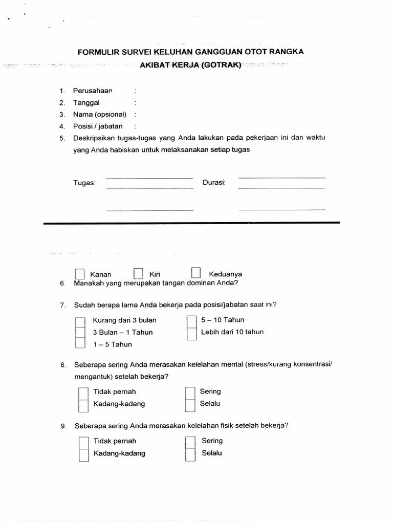 Formulir Survey Keluhan Gangguan Otot Rangka Akibat Kerja (GOTRAK) | PDF
