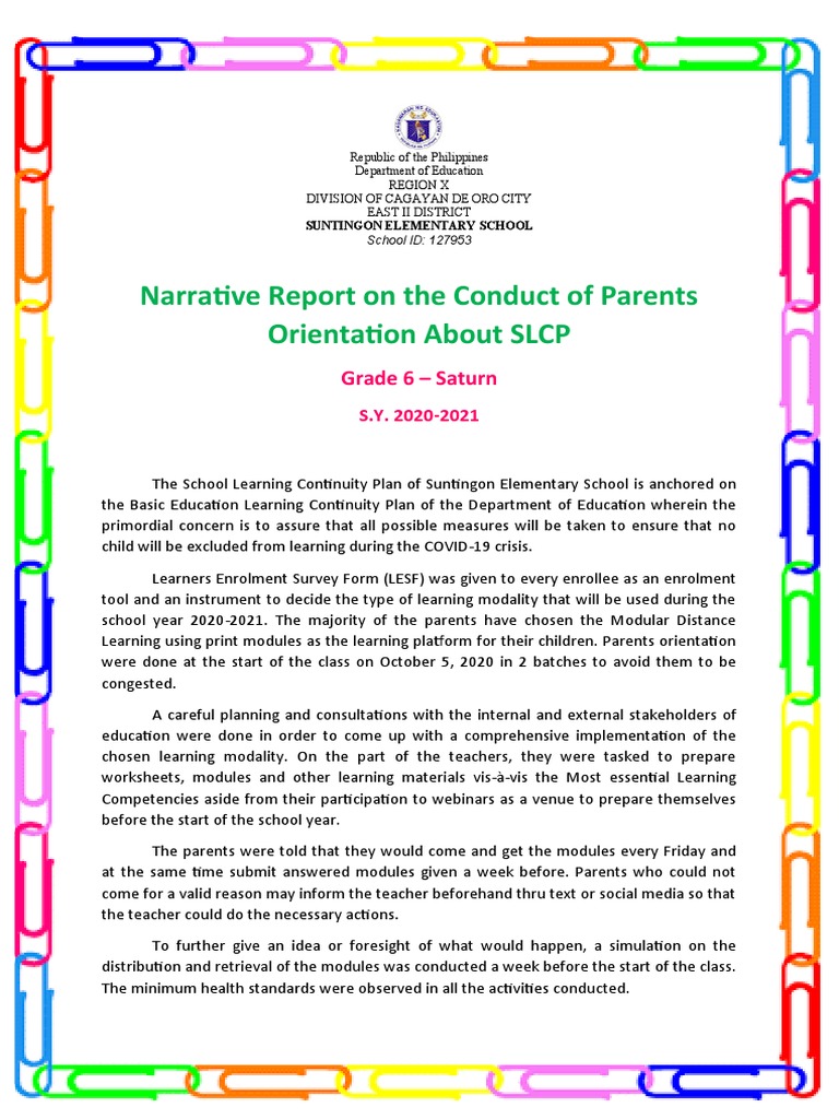 Narrative Report On The Conduct of Parents Orientation About SLCP | PDF ...