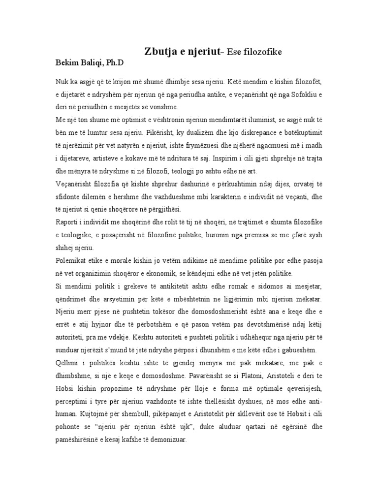 Zbutja e Njeriut - Ese Filozofike. | PDF