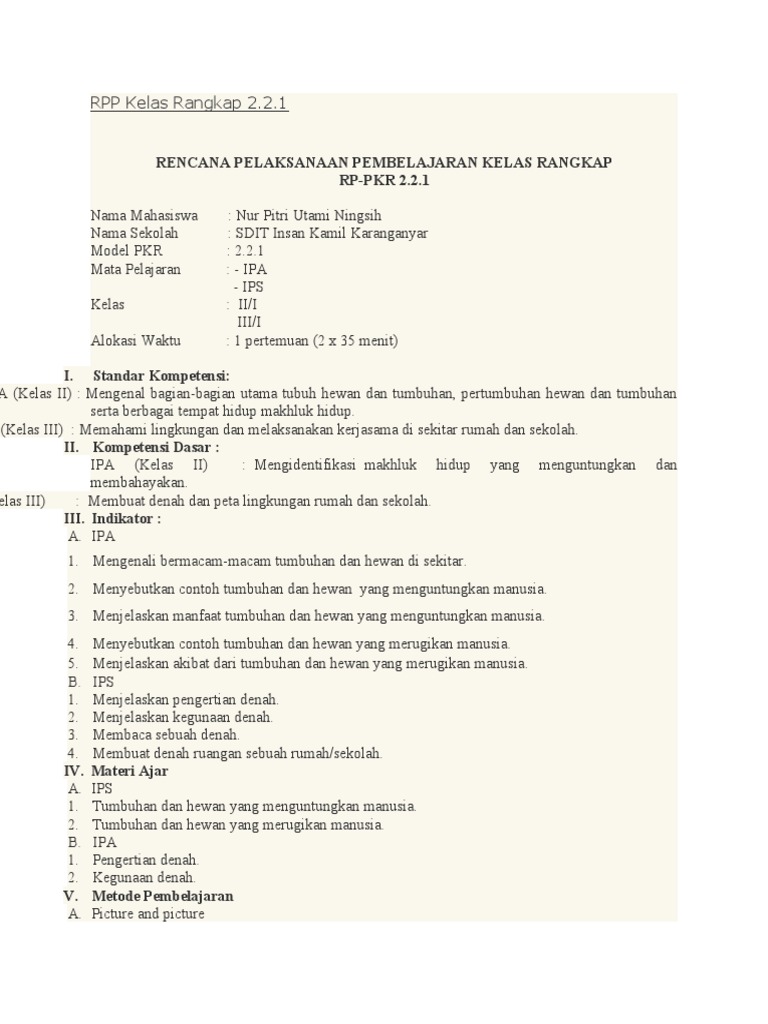 RPP Kelas Rangkap 2 Dan 3 | PDF