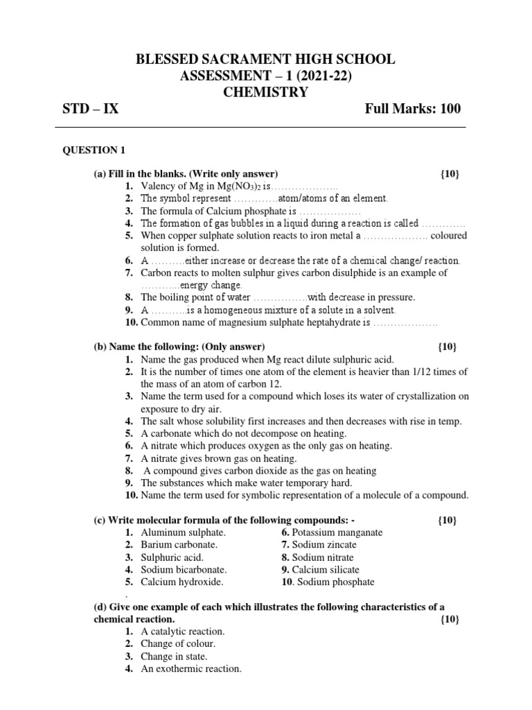 Chemistry Exam Paper | Download Free PDF | Chemical Reactions ...