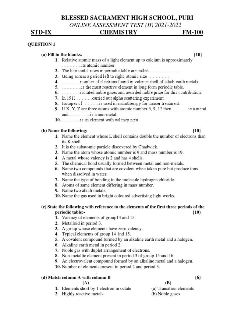 Online Assessment Test (Ii) 2021-2022: Blessed Sacrament High School ...