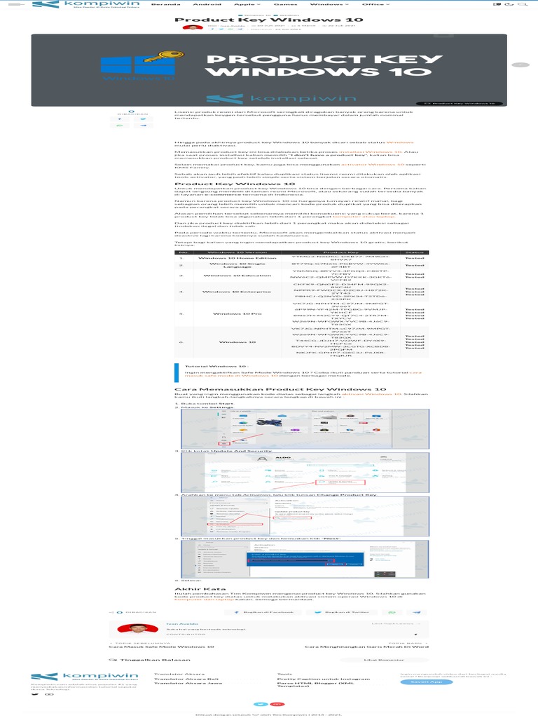Kumpulan Kode Product Key Windows 10 Free (All Version) | PDF