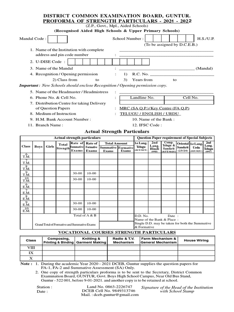 District Common Examination Board, Guntur. Proforma of Strength ...