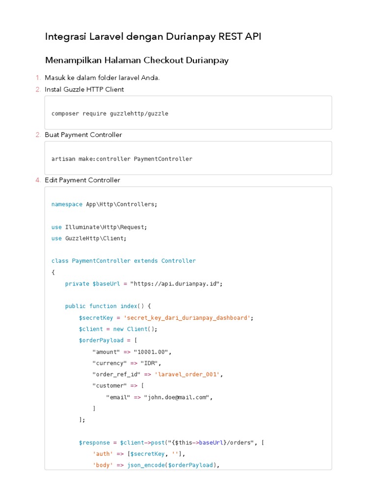 Integrasi Laravel Dengan Durianpay REST API | PDF | Hypertext Transfer Protocol | Software