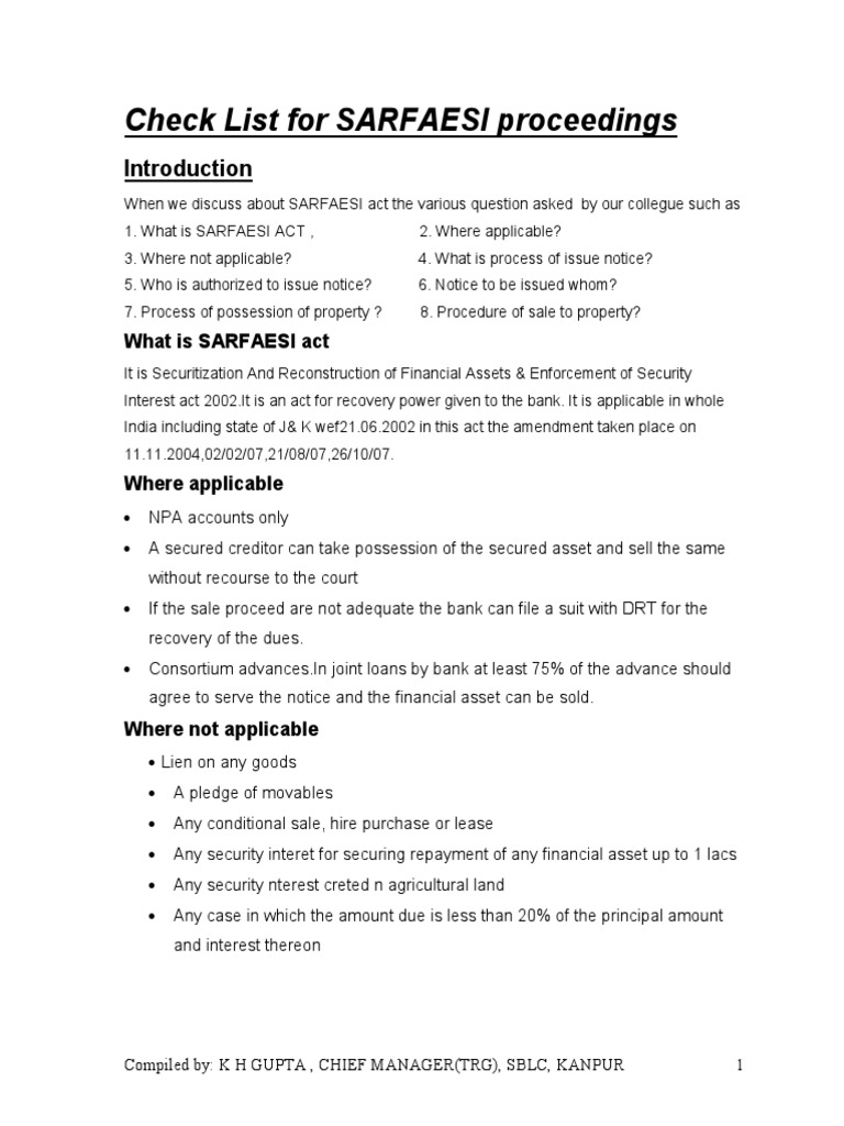 SARFAESI Checklist: Steps for Secured Asset Recovery | PDF | Security ...