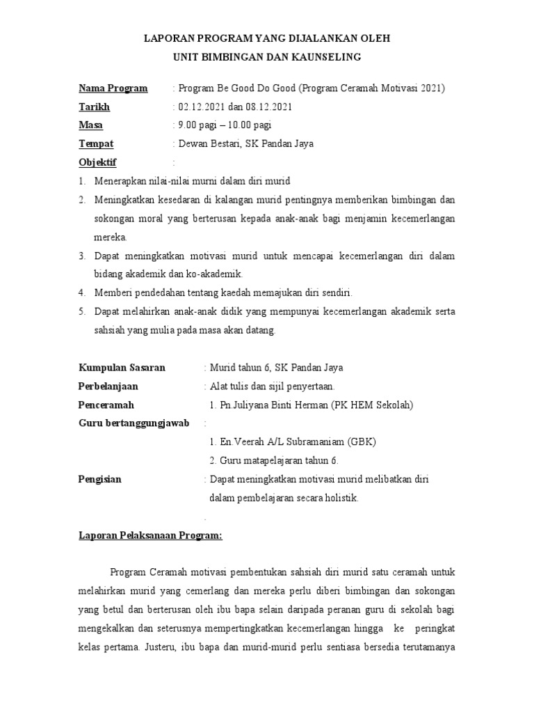 Laporan Program Be Good Do Good (Program Ceramah Motivasi 2021) | PDF
