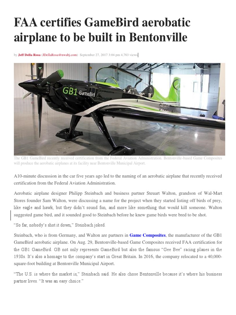 FAA Certifies GameBird Aerobatic Airplane | PDF | Federal Aviation ...