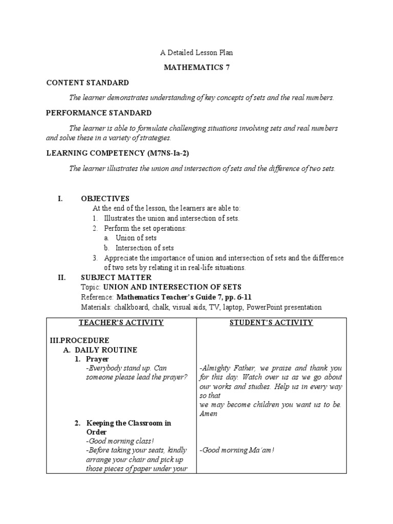 Detailed Lesson Plan-Mathematics 7 | PDF | Lesson Plan | Learning