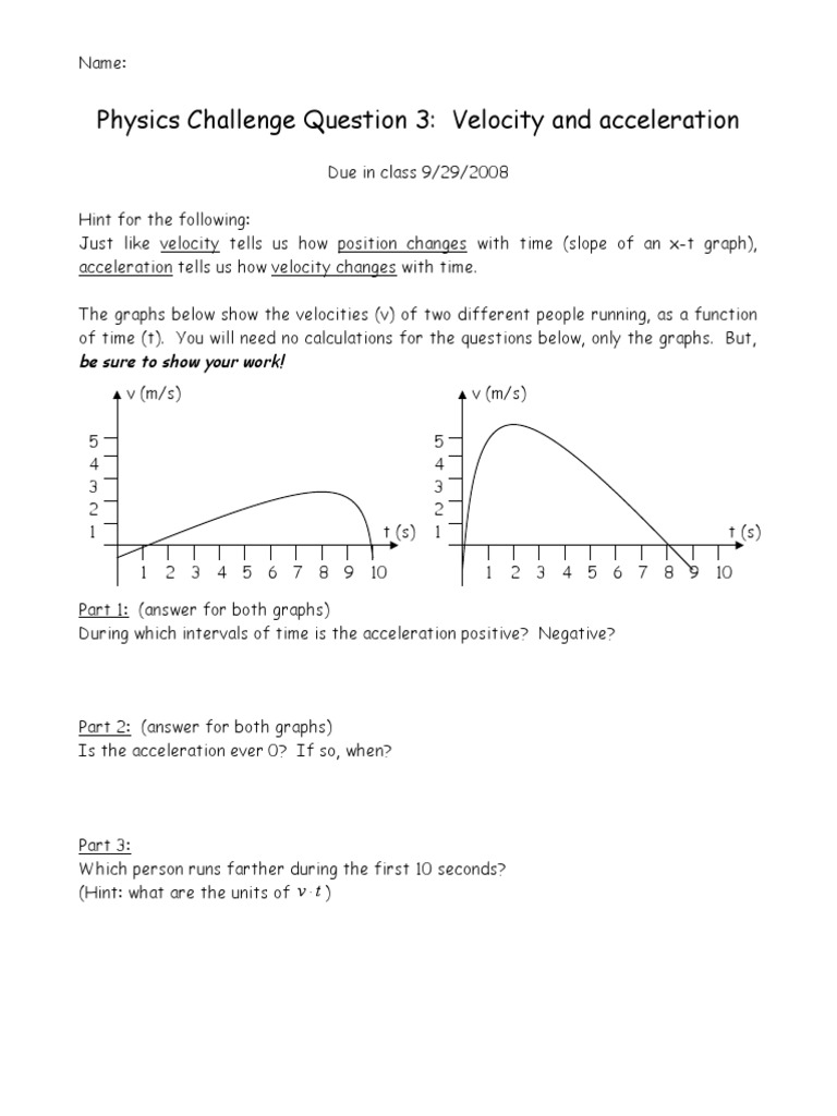 Physics Challenge Question 3: Velocity and Acceleration | PDF