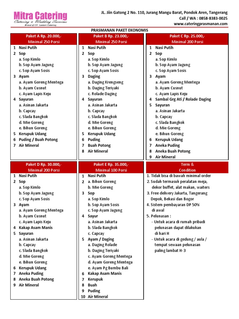 Daftar Harga Menu Mitra Catering | PDF
