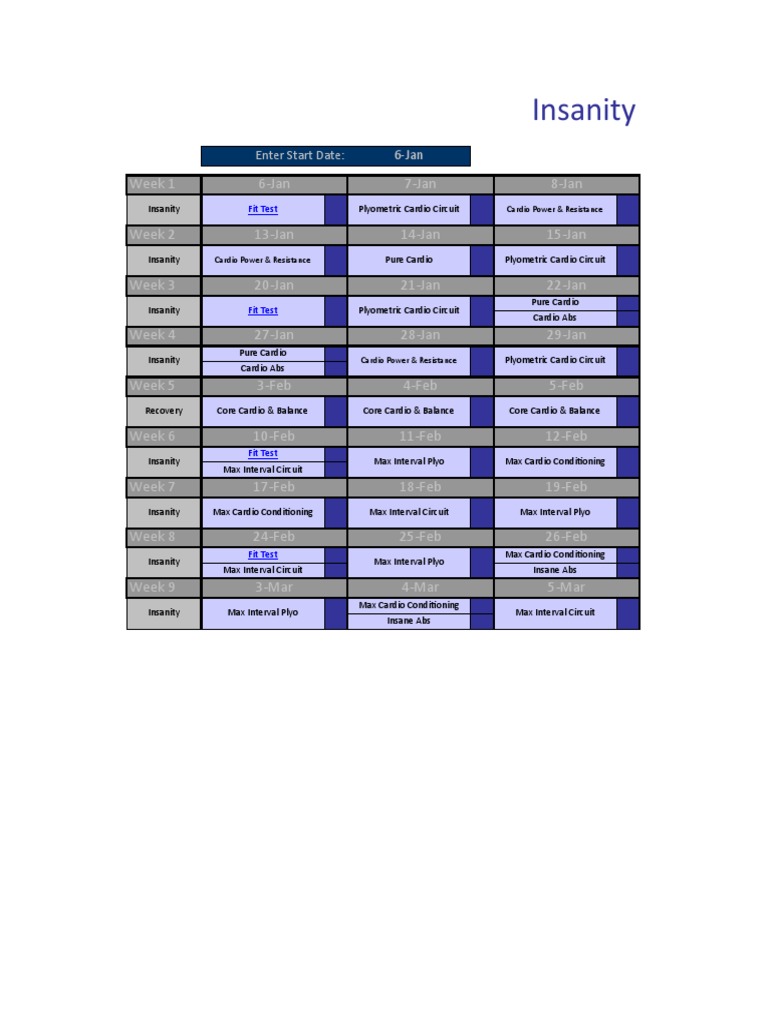 INSANITY Workout Calendar | PDF | Human Weight | Body Shape