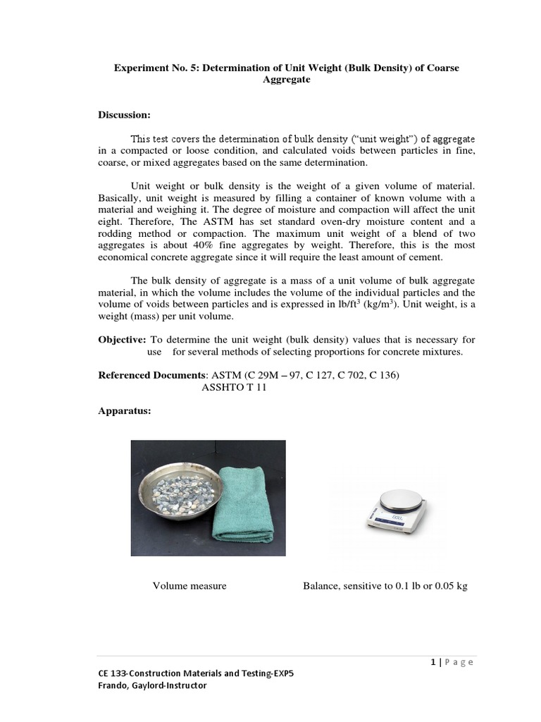 EXP 5 Unit Weight | PDF | Density | Weight