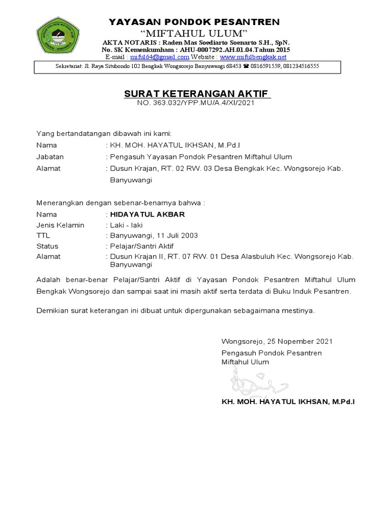 Surat Keterangan Aktif Di Pesantren | PDF