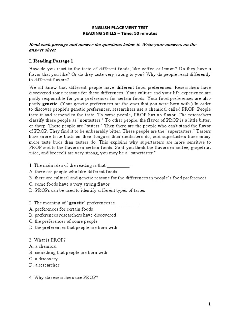Placement Test - Reading Skills | PDF | Homeschooling | Taste